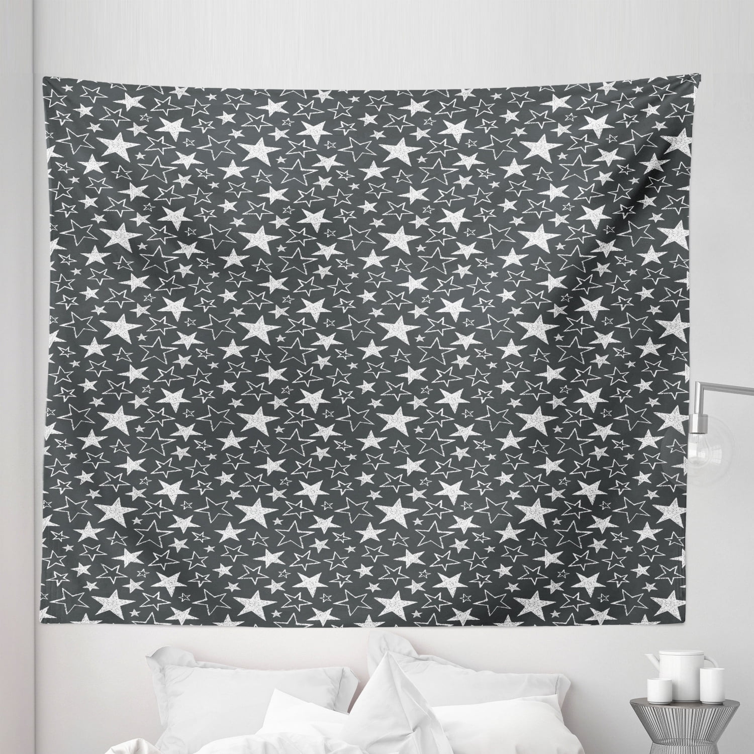 Star Tapestry, Greyscale Illustration Chalk Design Hand Drawn 5 Pointed ...