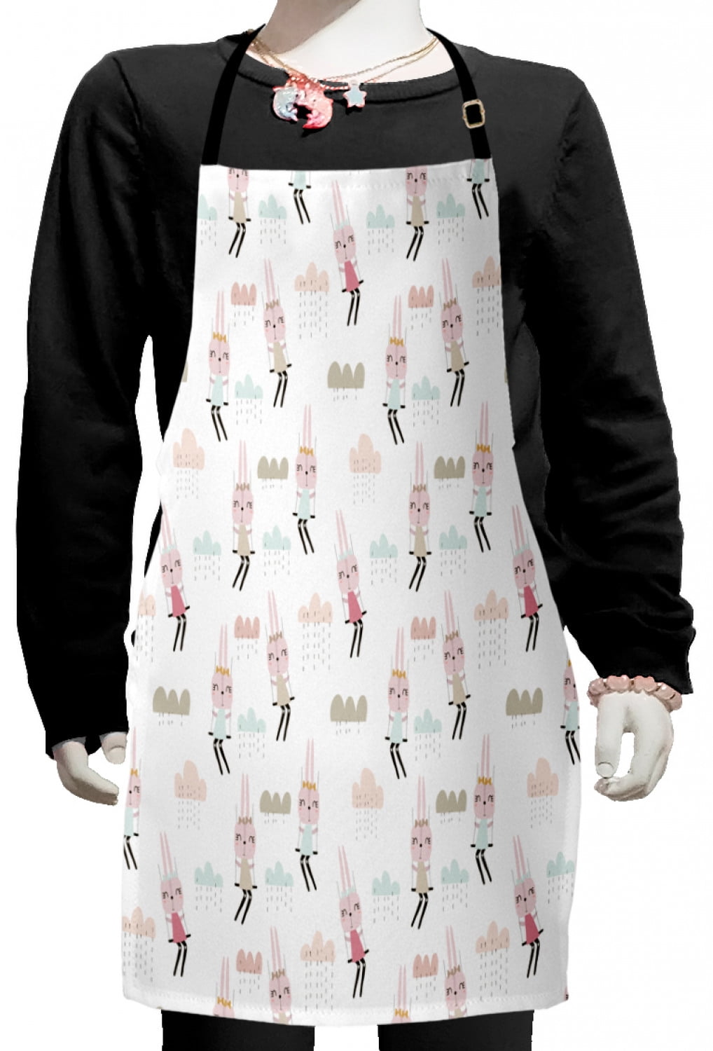 Animal Kids Apron, Doodle Style Rabbit Girls Swinging Under Rain Clouds ...