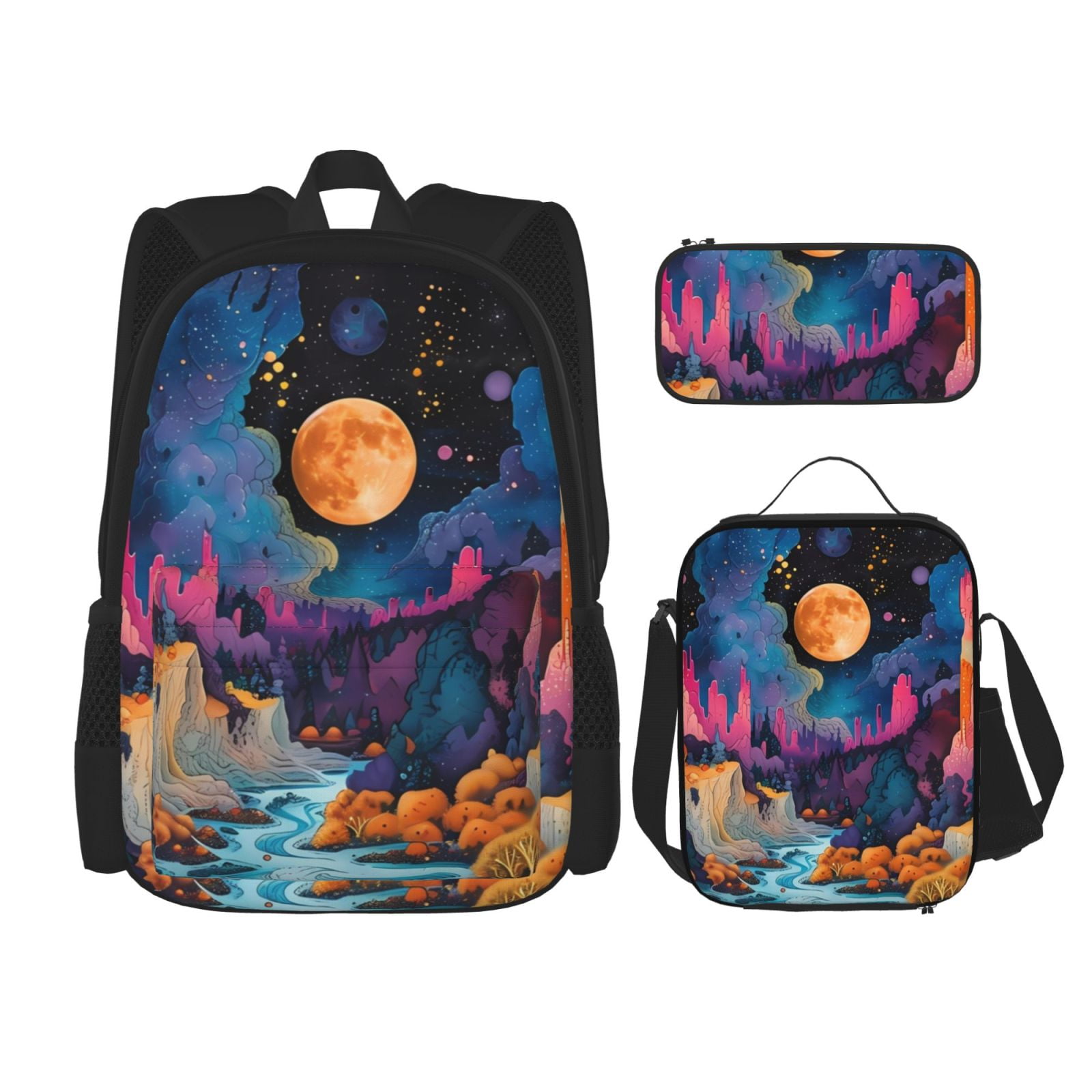 Disketp Fantasy Cosmic Landscape Mochila Estampada de Gran Capacidad con Lonchera y Estuche, Set ...