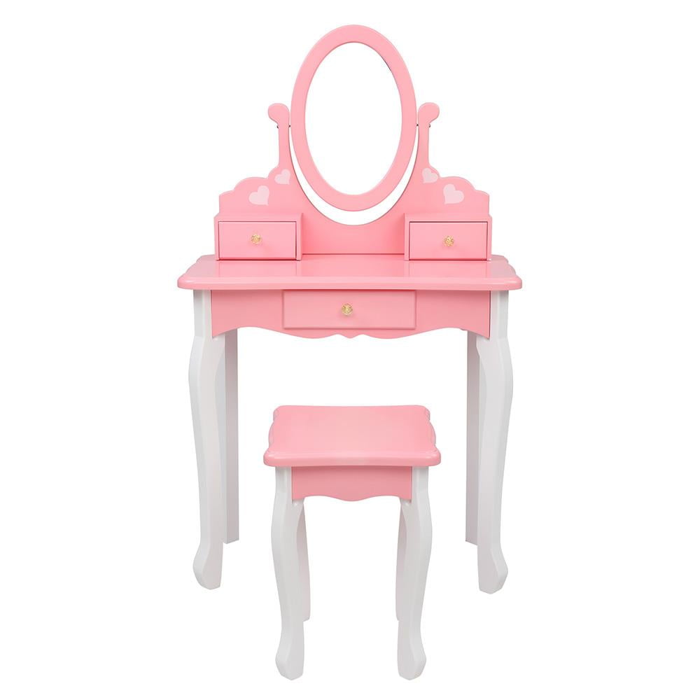 Zimtown Girls Wooden Makeup Desk w/ 3 Drawers,Mirror,Stool,Pink ...
