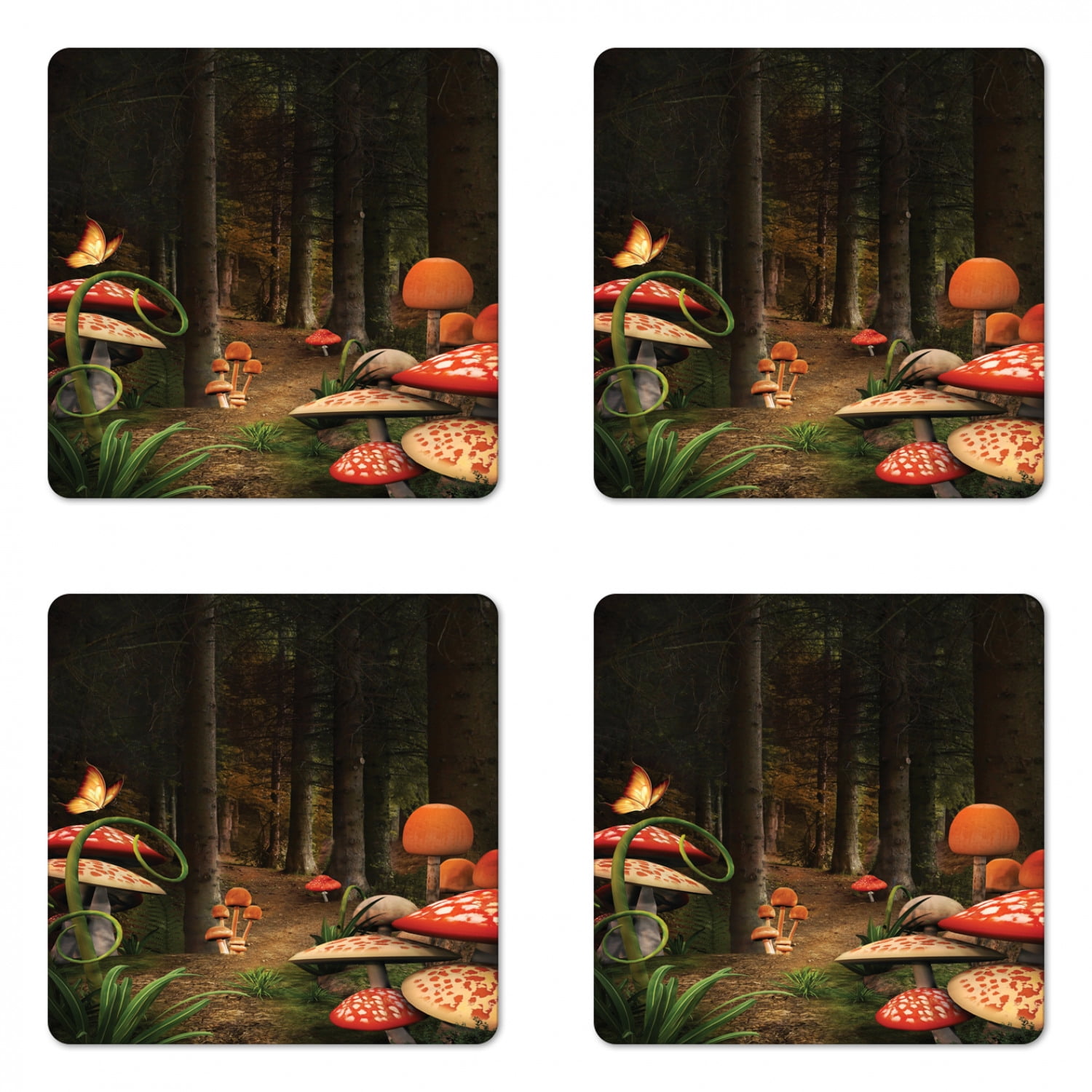 Mushroom Coaster Set of 4, Mushrooms in Deep Dark Forest Fantasy Nature ...