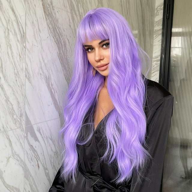 RightOn Long Purple Wigs for Women Long Wavy Purple Wigs with Bangs ...