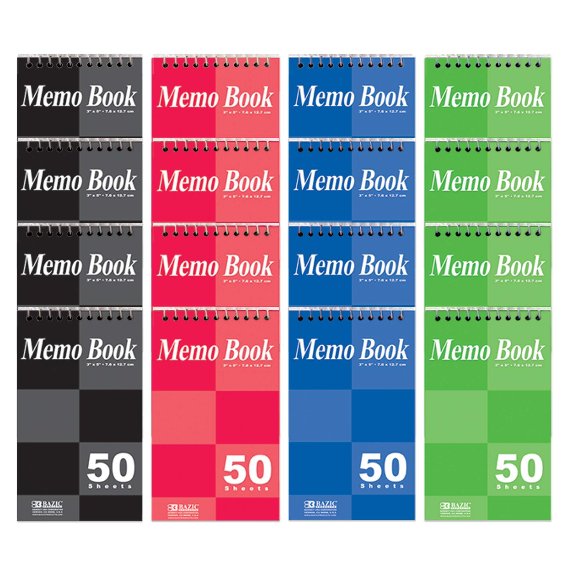 BAZIC Top Bound Spiral Memo Books 3"x5", 50 Sheet, Assorted Color, 16 ...