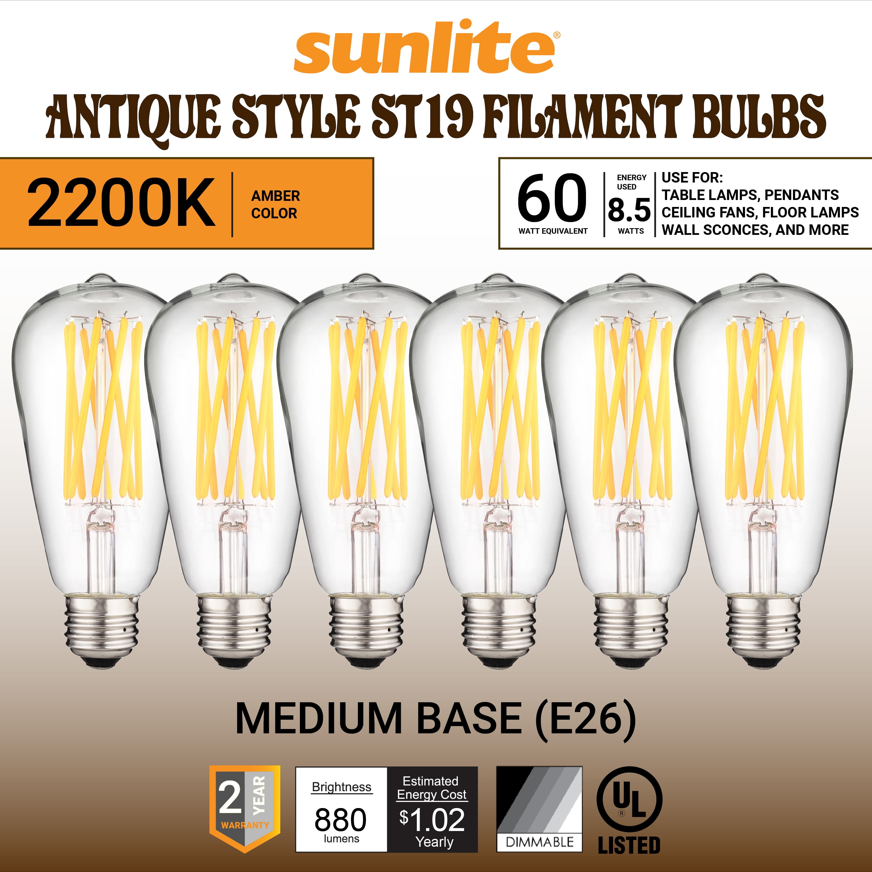 Sunlite LED ST19 Filament Style Edison Light Bulb, 8.5 Watts (60W ...