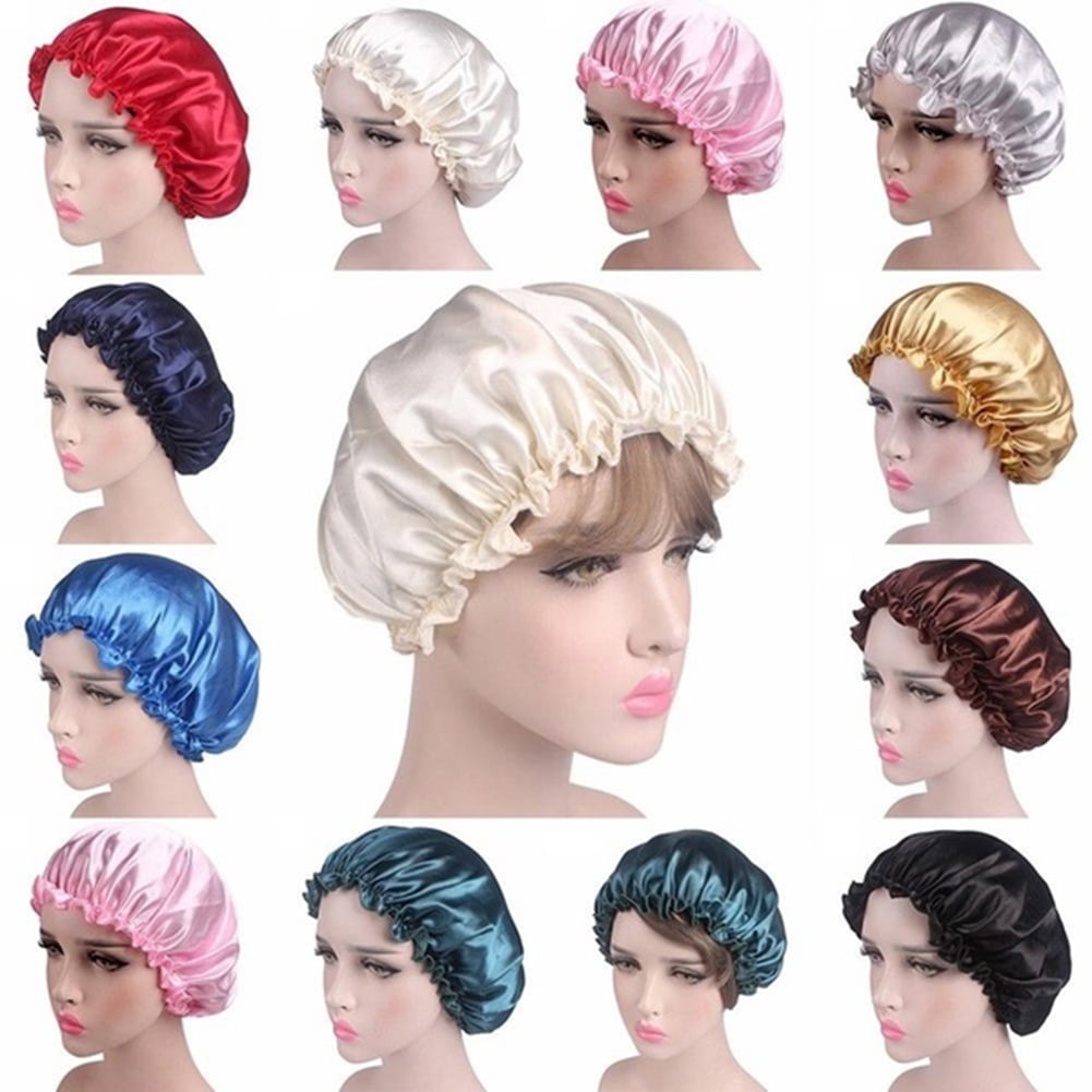 Luckymimi Women Elastic Satin Lace Solid Color Night Sleep Hat ...