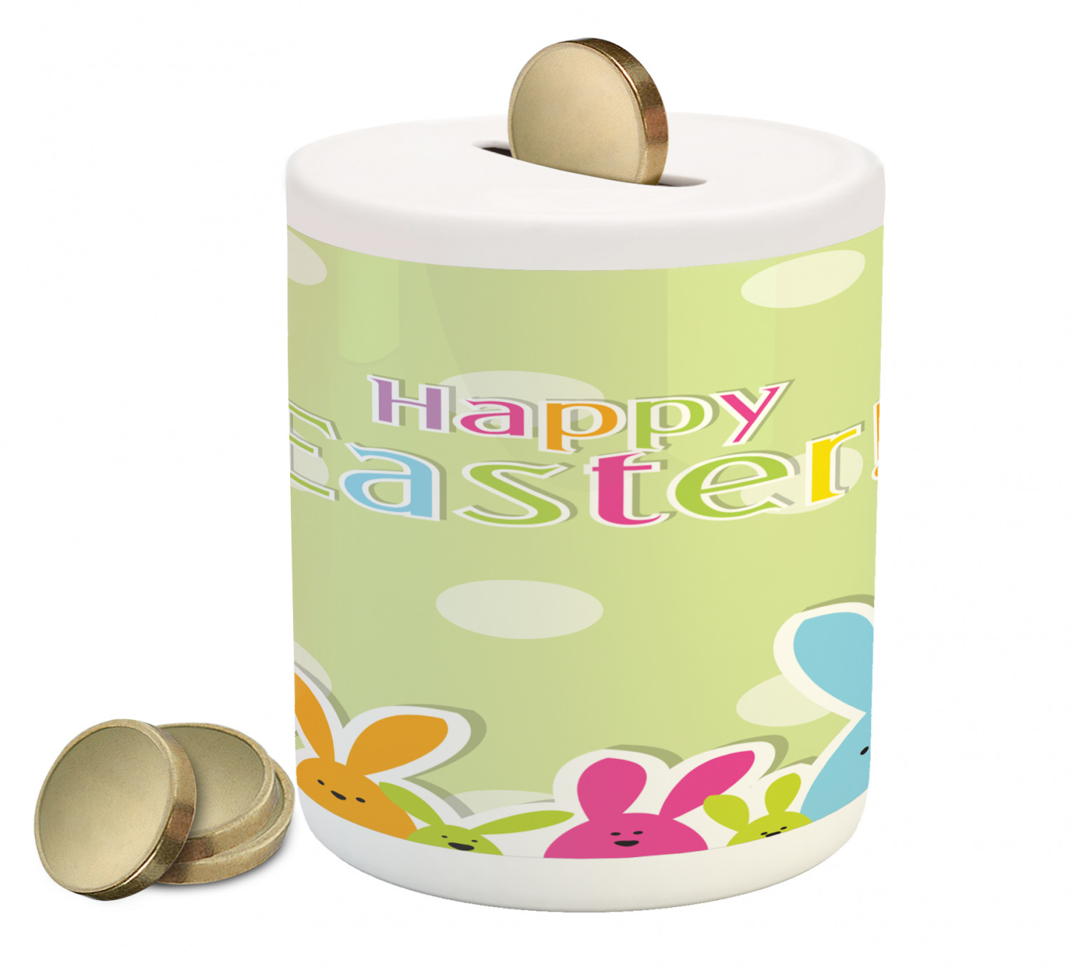 Easter Piggy Bank, Pale Polka Dotted Background with Colorful Cartoon ...