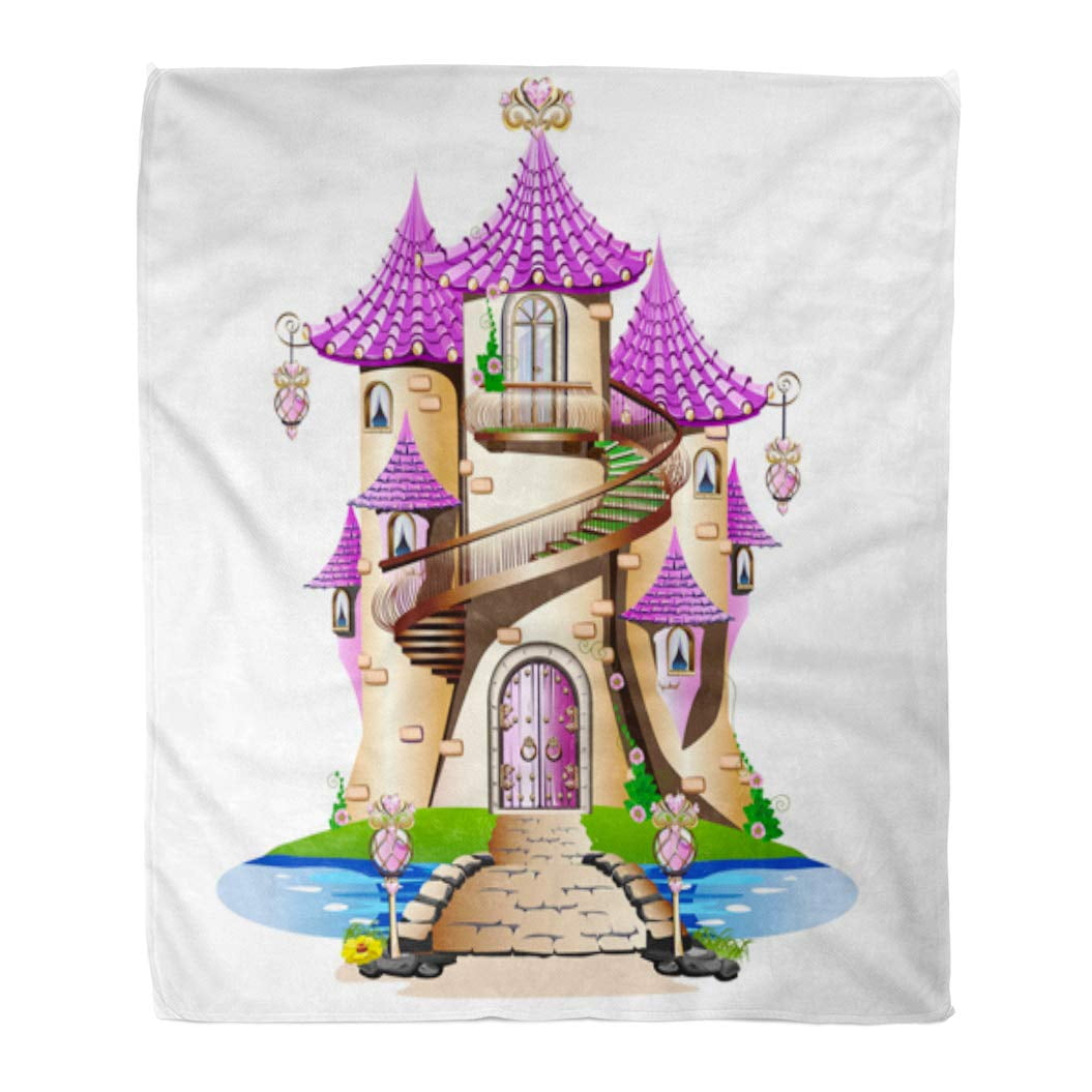 Sidonku Flannel Throw Blanket Blue Flowers Pink Fairytale Castle