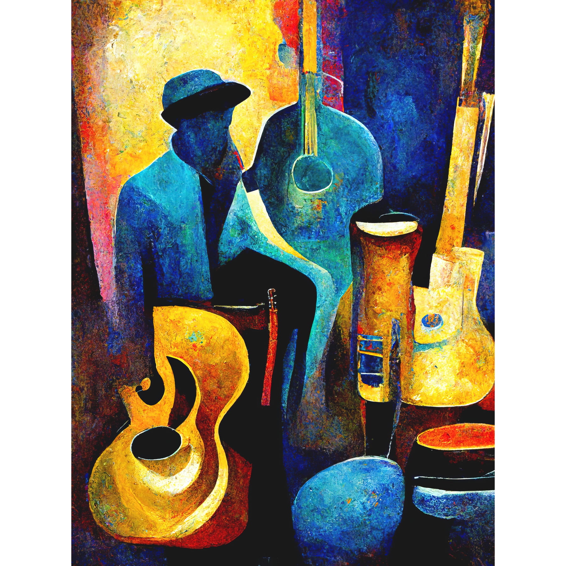 Abstract Oil Painting Jazz Blues Musician With Instruments Unframed ...