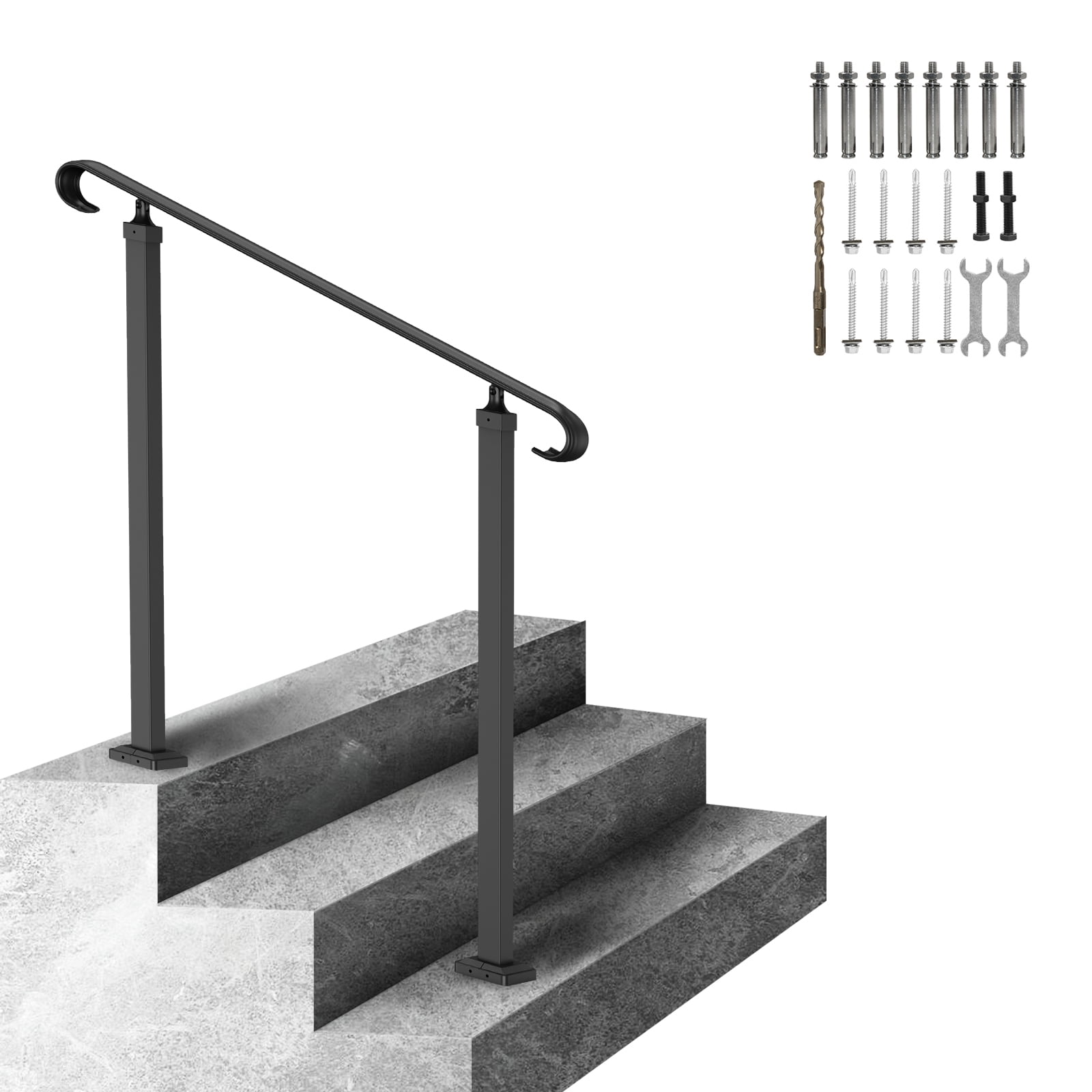 Kffkff Outdoor Stair Handrails  Suitable For 1-3 Steps  Iron-Made Adjustable Handrail  Front Porch Compatible Hand Rail  Black Transitional Style Hand