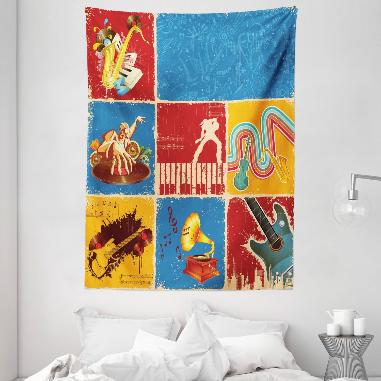 Wall Hanging Tapestry, Retro Collage Illustration of Different Music ...