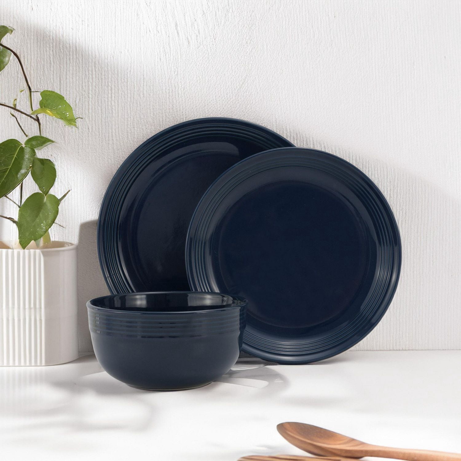 Mainstays Chiara 12-Piece Stoneware Navy Dinnerware Set, Color glaze ...