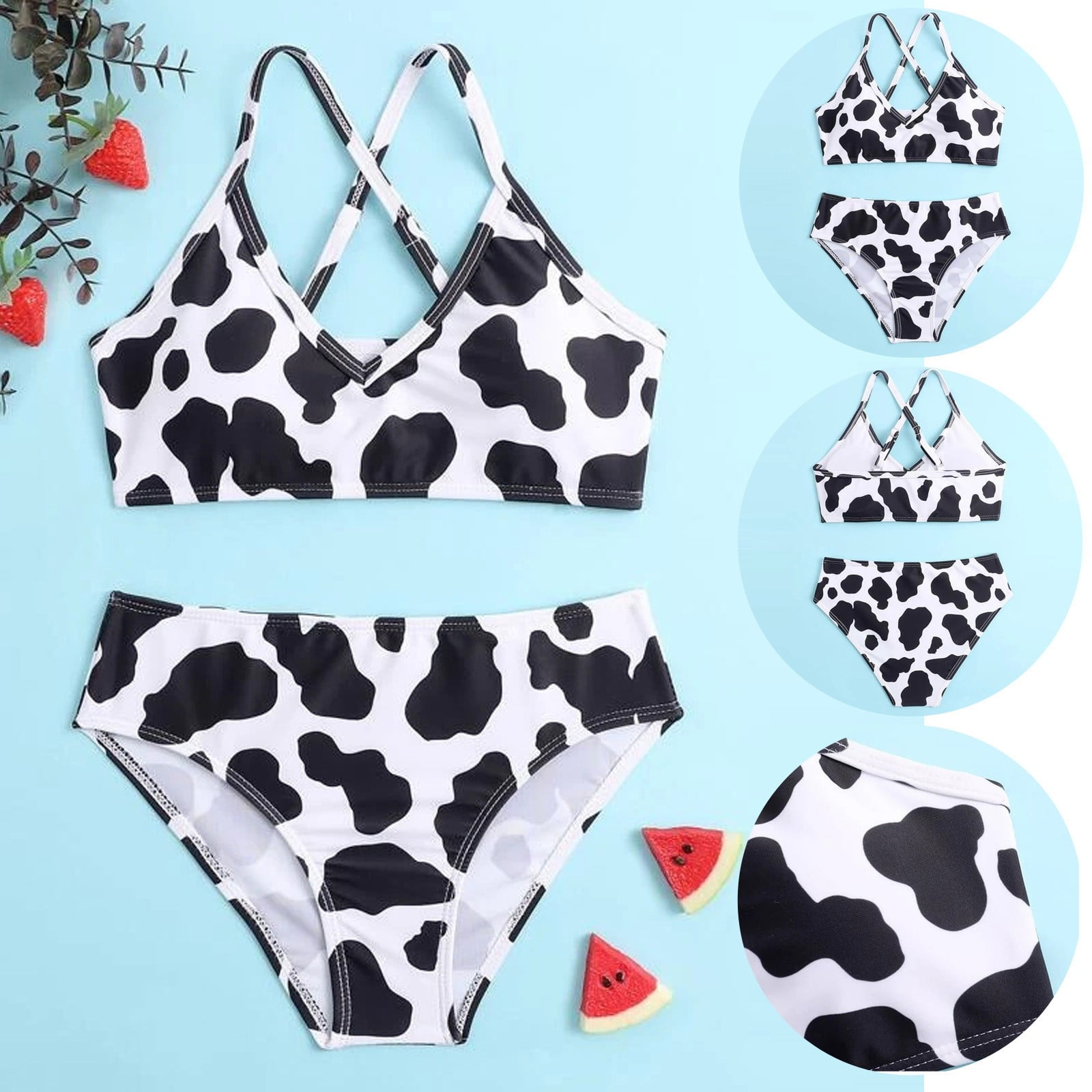 Girls Summer Cute Crisscross Back Cow Floral Print Two Piece Swimsuit