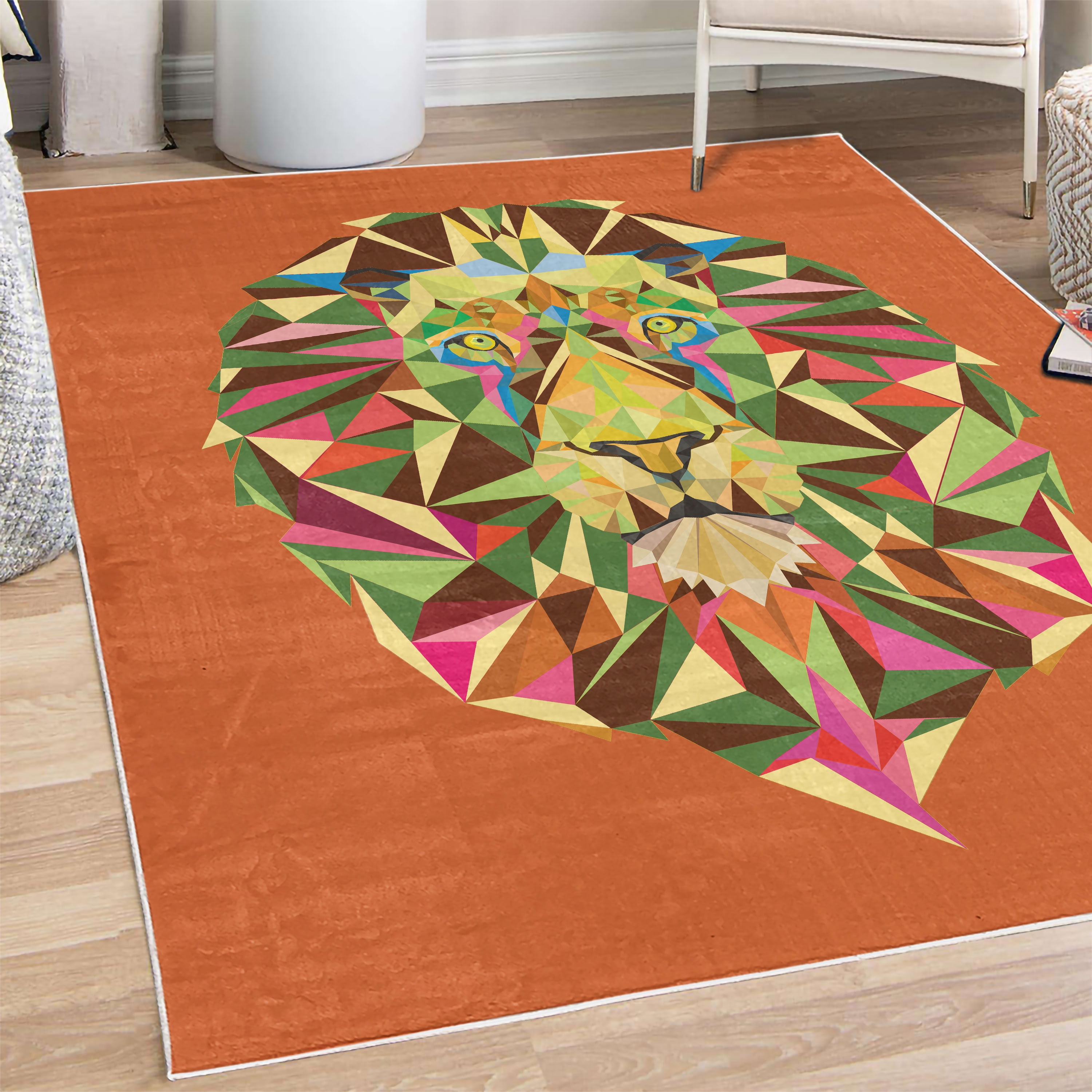 Zoo Decorative Rug, Colorful Animals Geometric Diamond Face Lions Mane ...