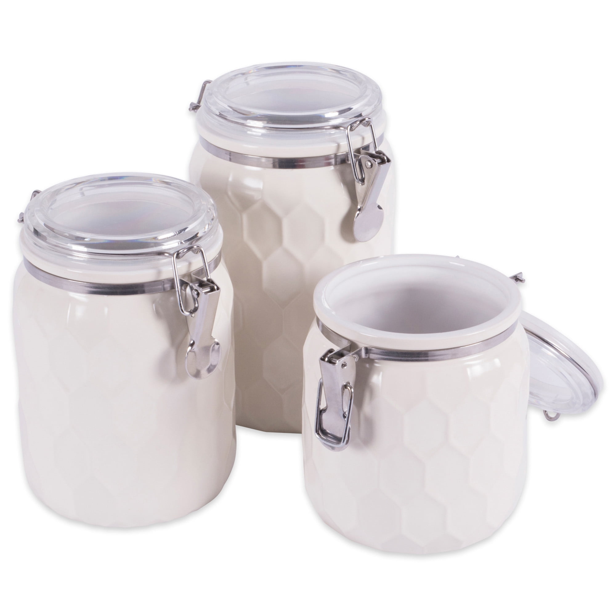 Set of 3 7.25" Cream White Honeycomb Canister with Clamp Lock Lid ...