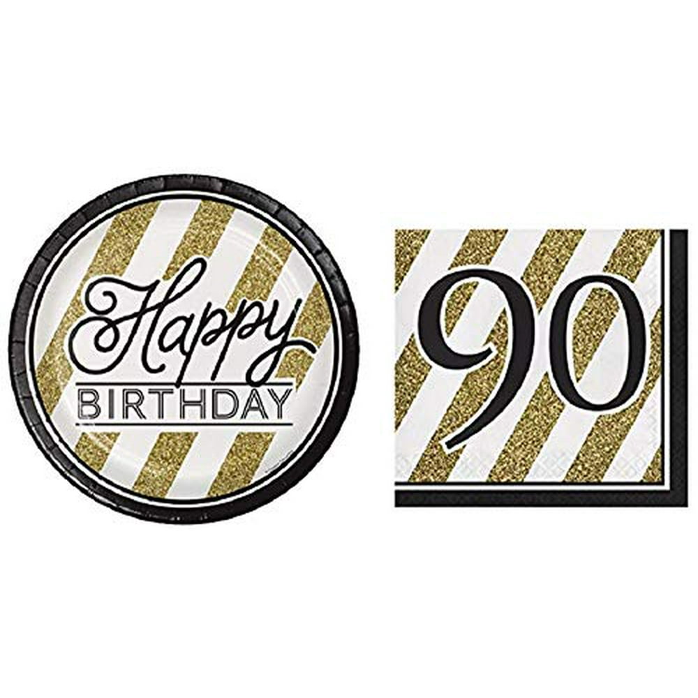 Black And Gold Happy 90th Birthday Party Bundle With Paper Plates And