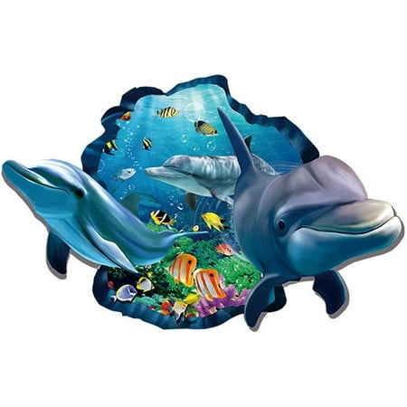Ocean World Wall Stickers, 3D Blue Dolphin 3D Shark Broken Wall ...
