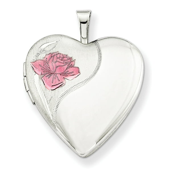 Sterling Silver Rhodium-Plated 20mm Enamel Rose Heart Locket Necklace ...