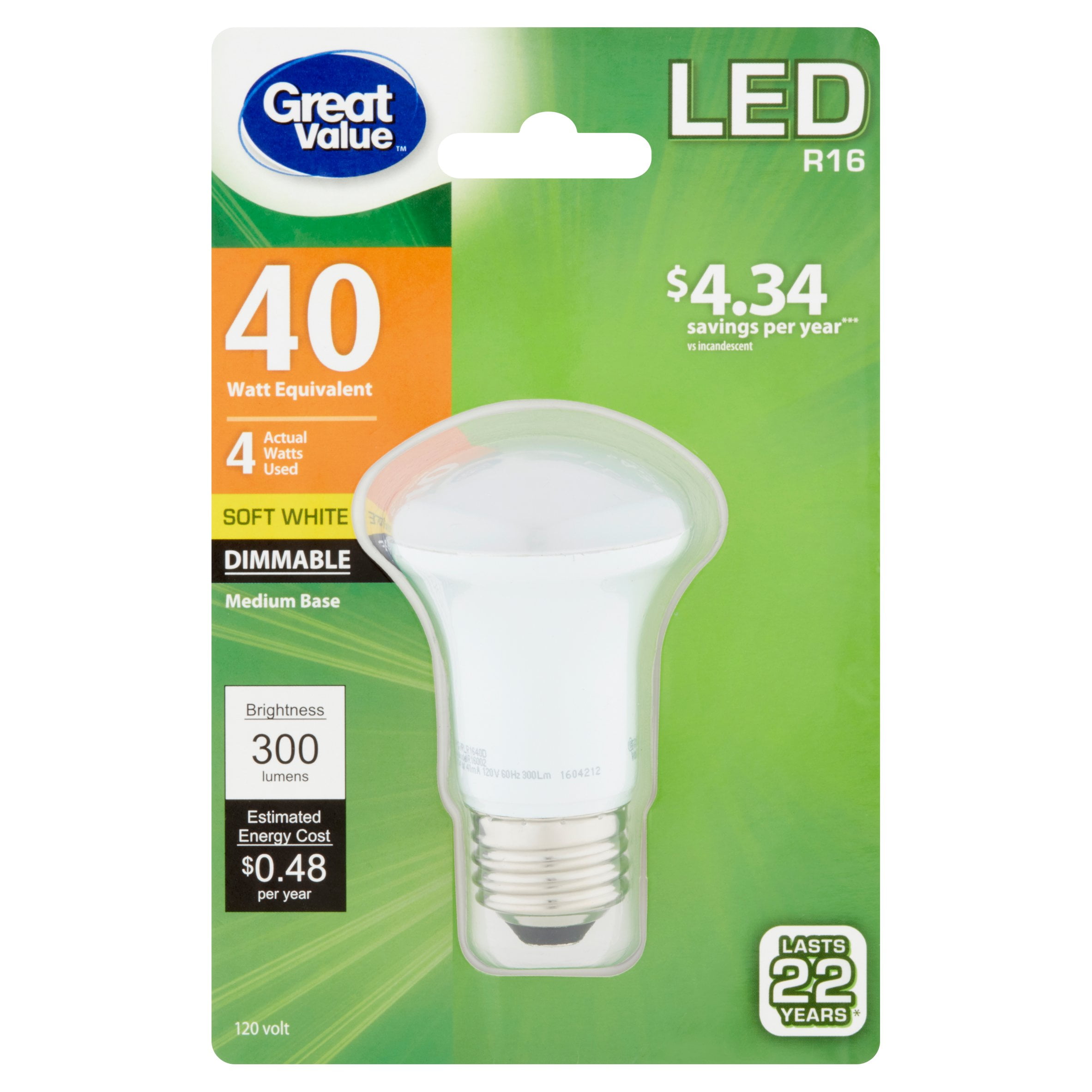 Great Value LED Dimmable R16 (E26) Light Bulb, 4W (40W Equivalent ...