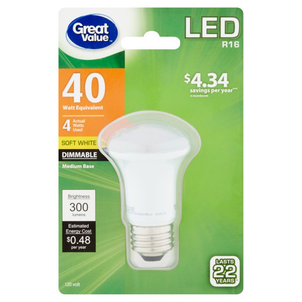 Great Value LED Dimmable R16 (E26) Light Bulb, 4W (40W Equivalent ...