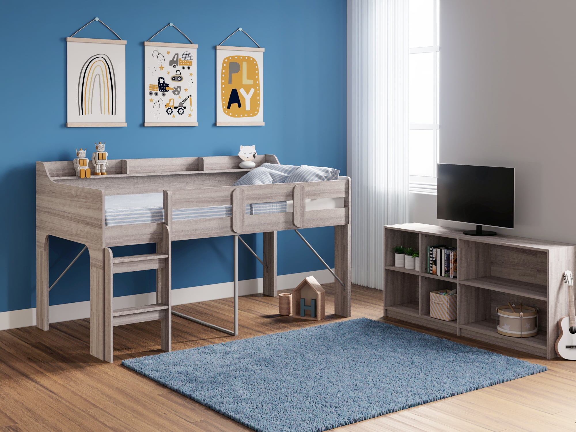 BK Furniture Hamilton Wood Loft Bed Convertible, Twin, Gray Wash ...