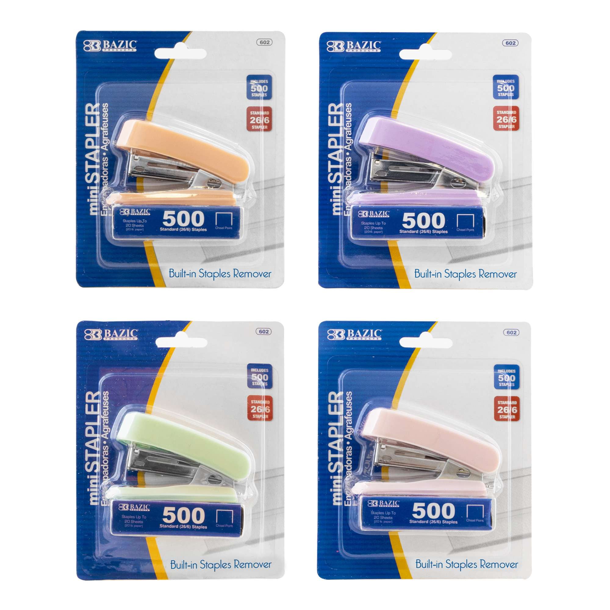 BAZIC Mini Stapler w/ 500 Staples, Standard (26/6) Pastel Color, Built ...
