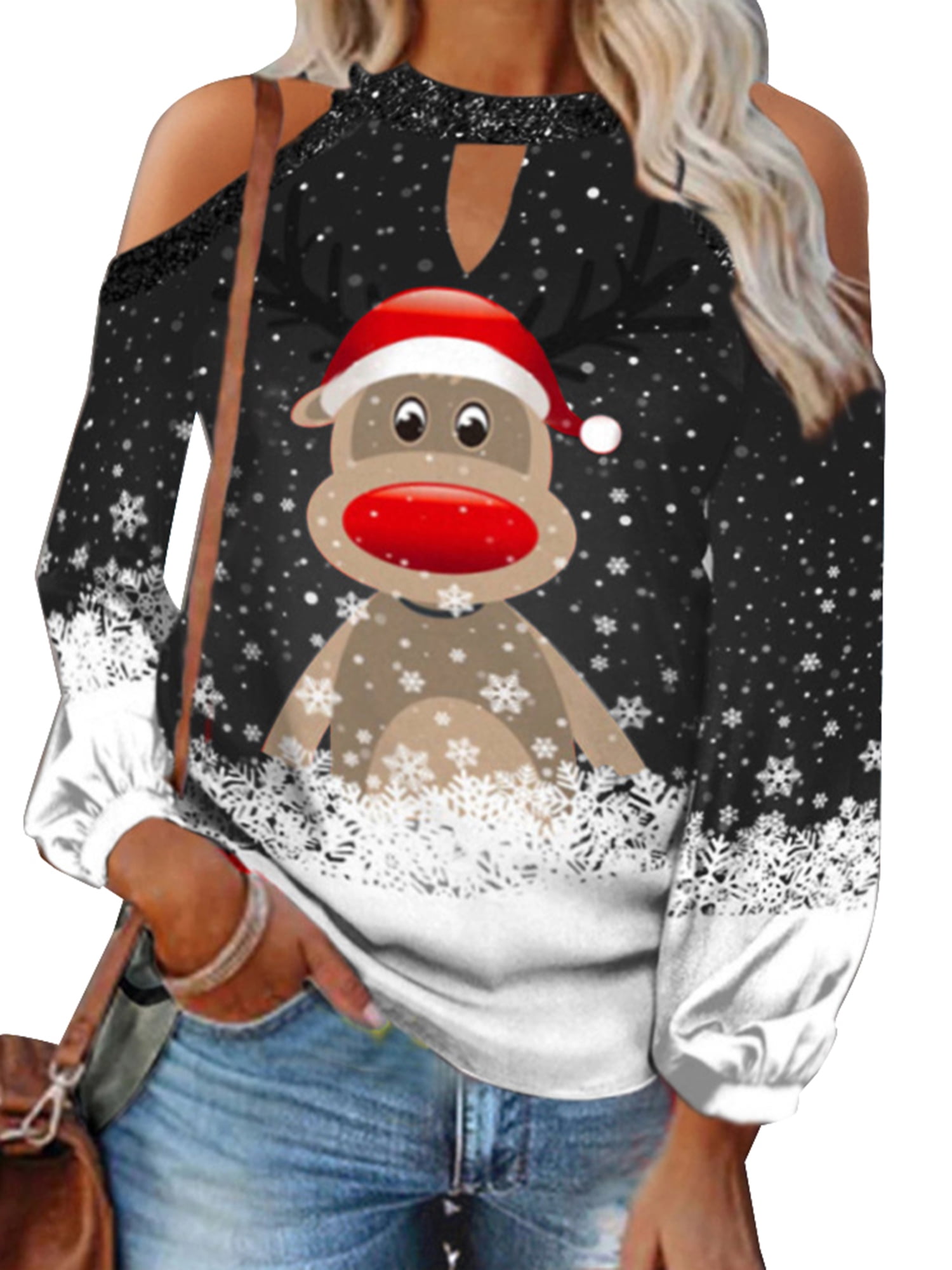 JustVH Women's Christmas Lantern Sleeve Cold Shoulder Reindeer Keyhole ...