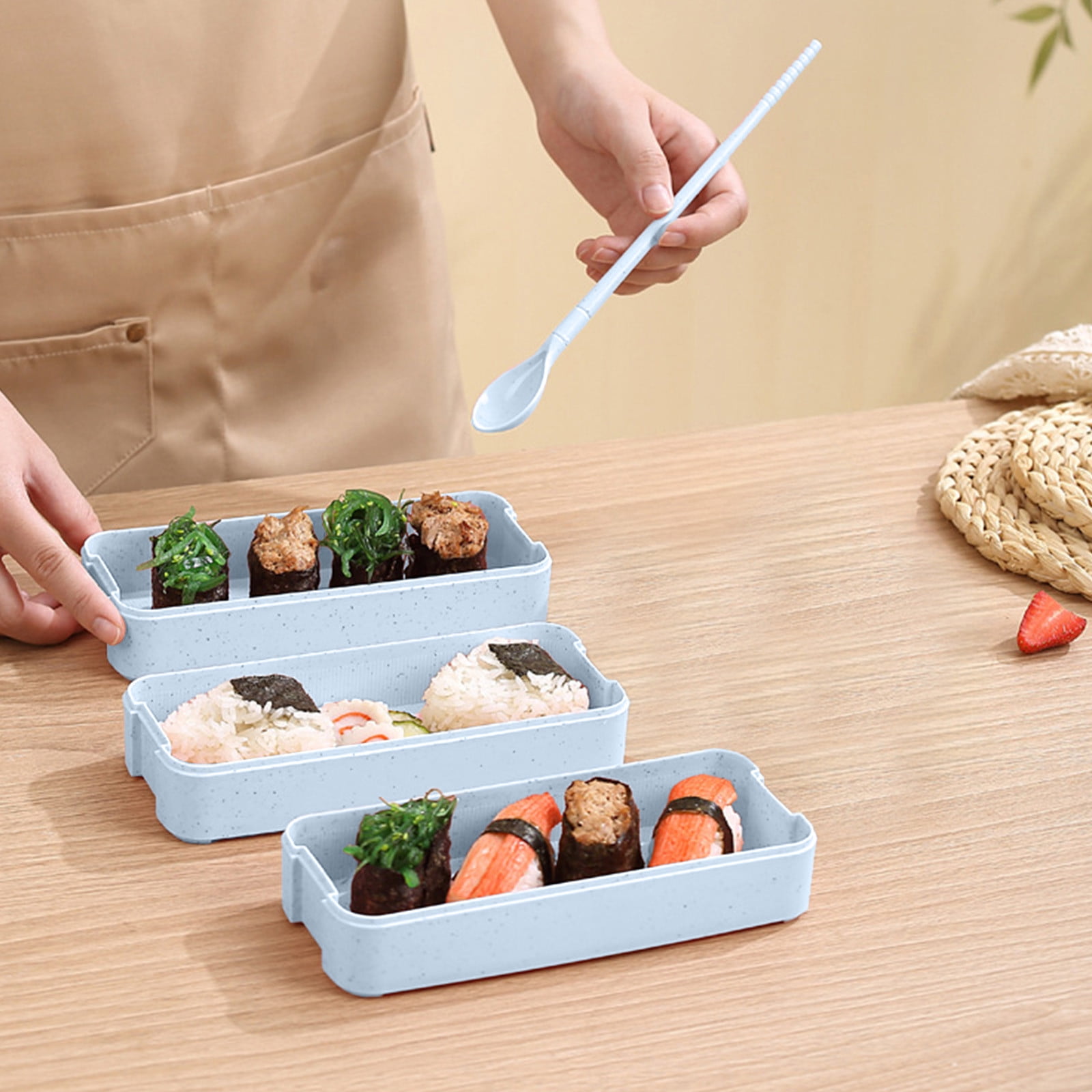 Stackable Bento Box 3 In 1 Compartment Straw Meal Prep Containers ...