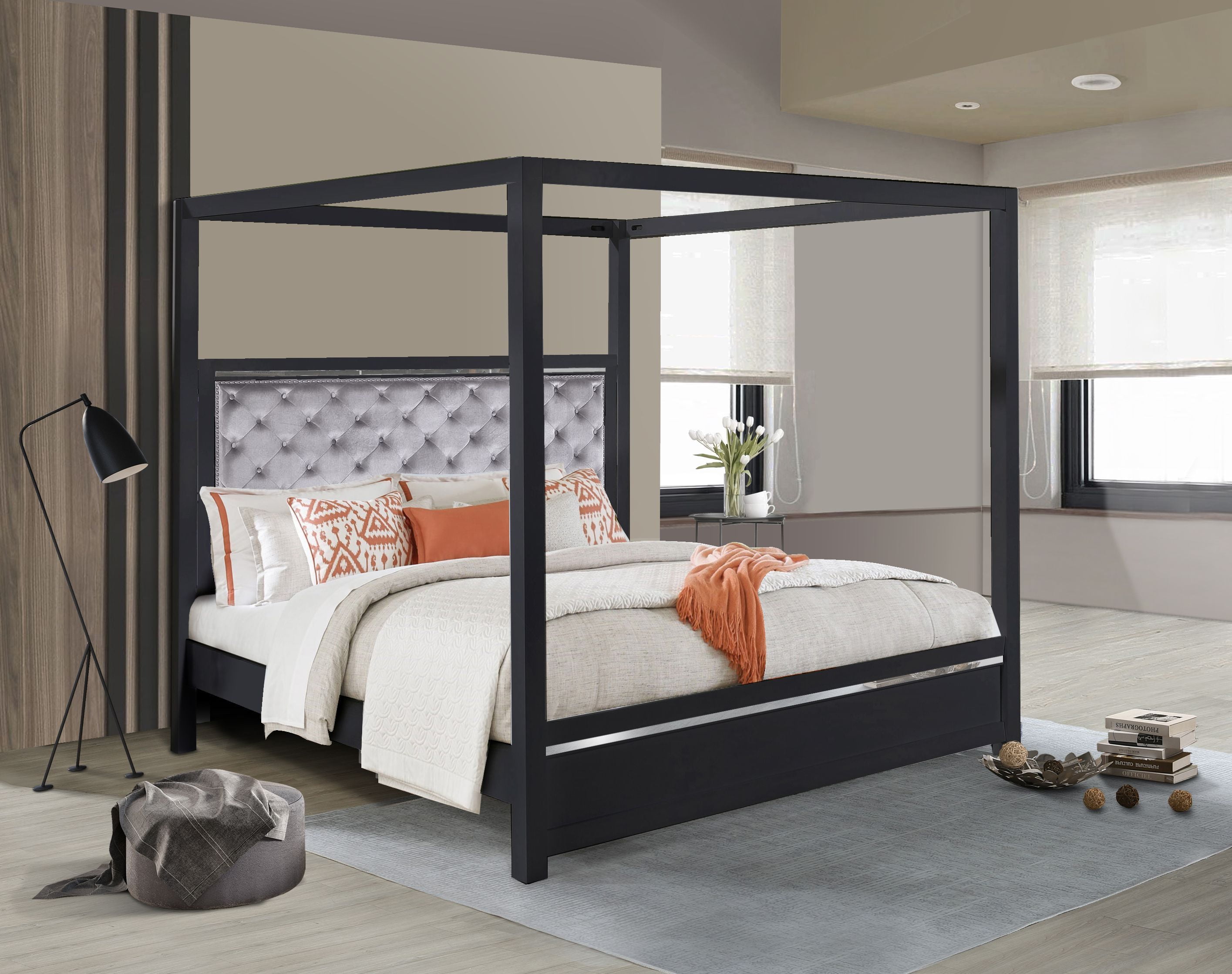 Canopy Glam Bedframe with Tufted Headboard & LED Lights, Queen ...
