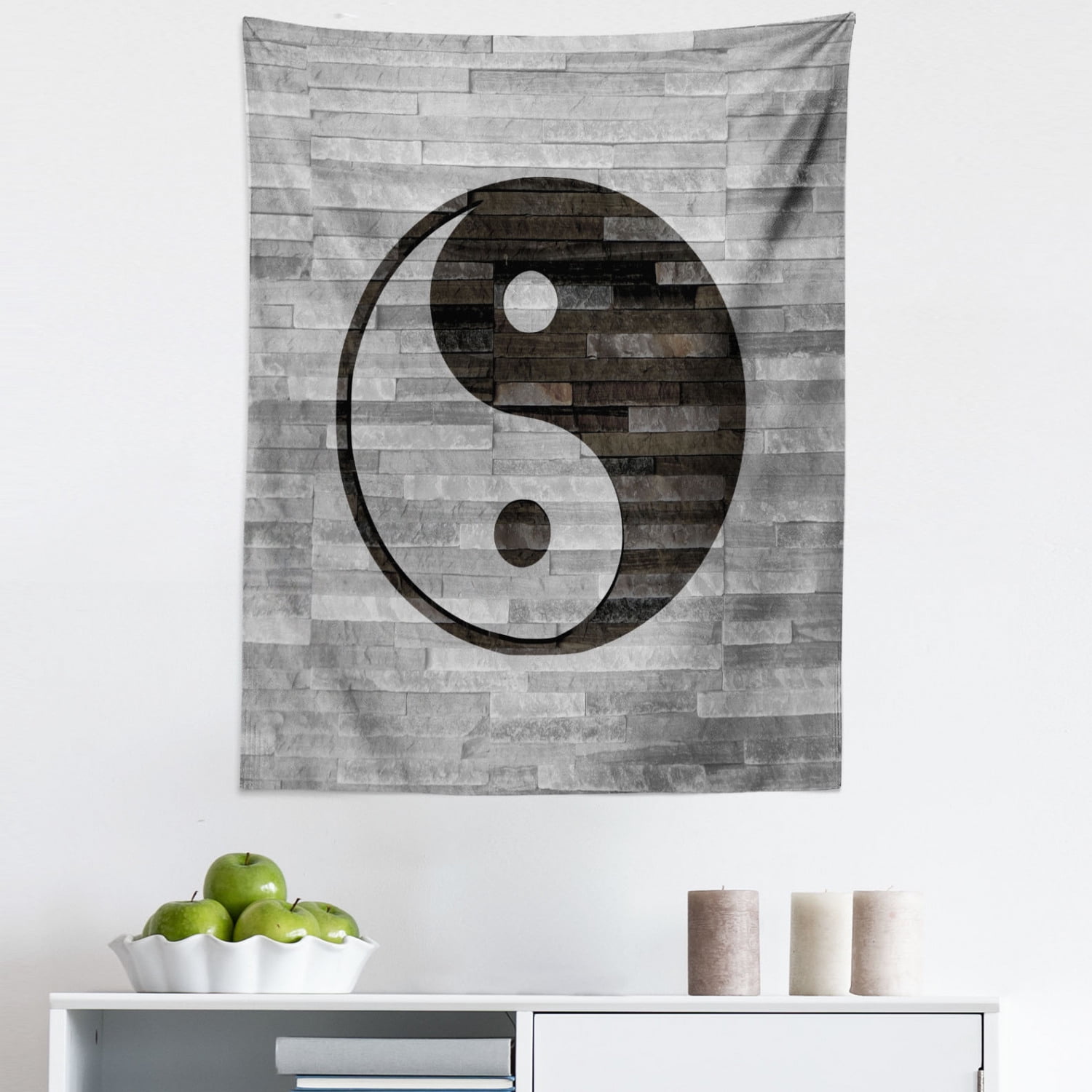 Ying Yang Tapestry, Minimalistic Traditional Ying Yang Rustic Wooden ...