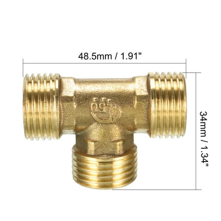 Brass Tee Pipe Fitting 1/2 PT Male Thread T Shaped Connector Coupler ...