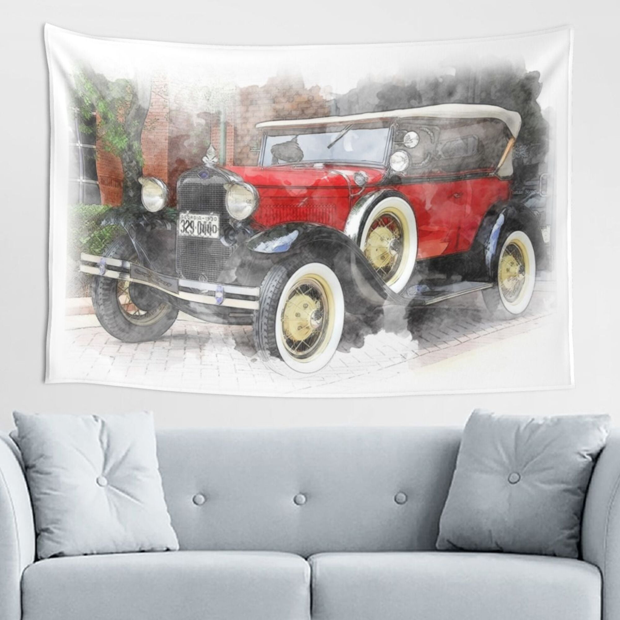 Vintage Car Antique Tapestry, Classic Automobile Wall Hanging ...