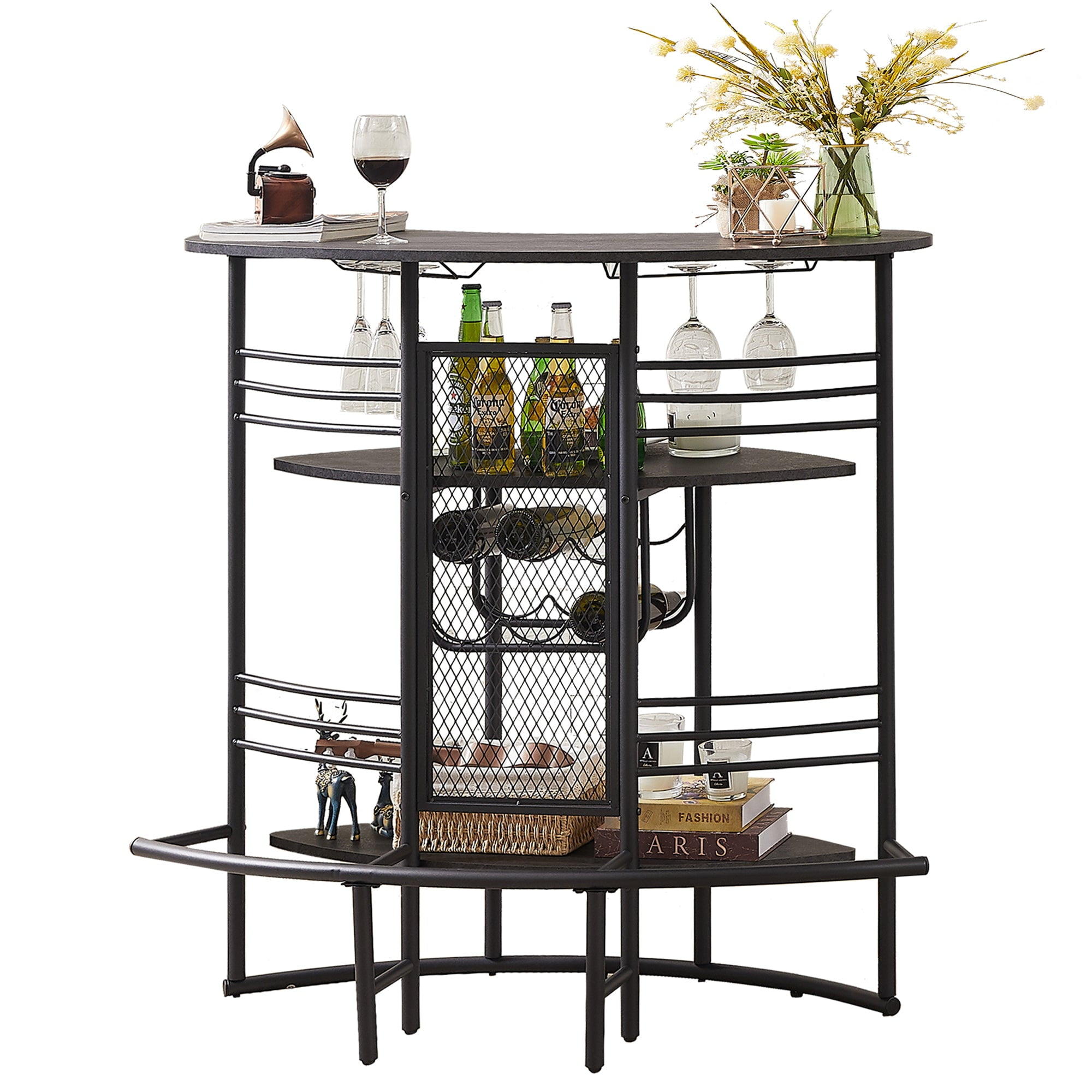 VECELO Home Bar Unit, Oval Bar Table with Wood Counter Top and Wine ...
