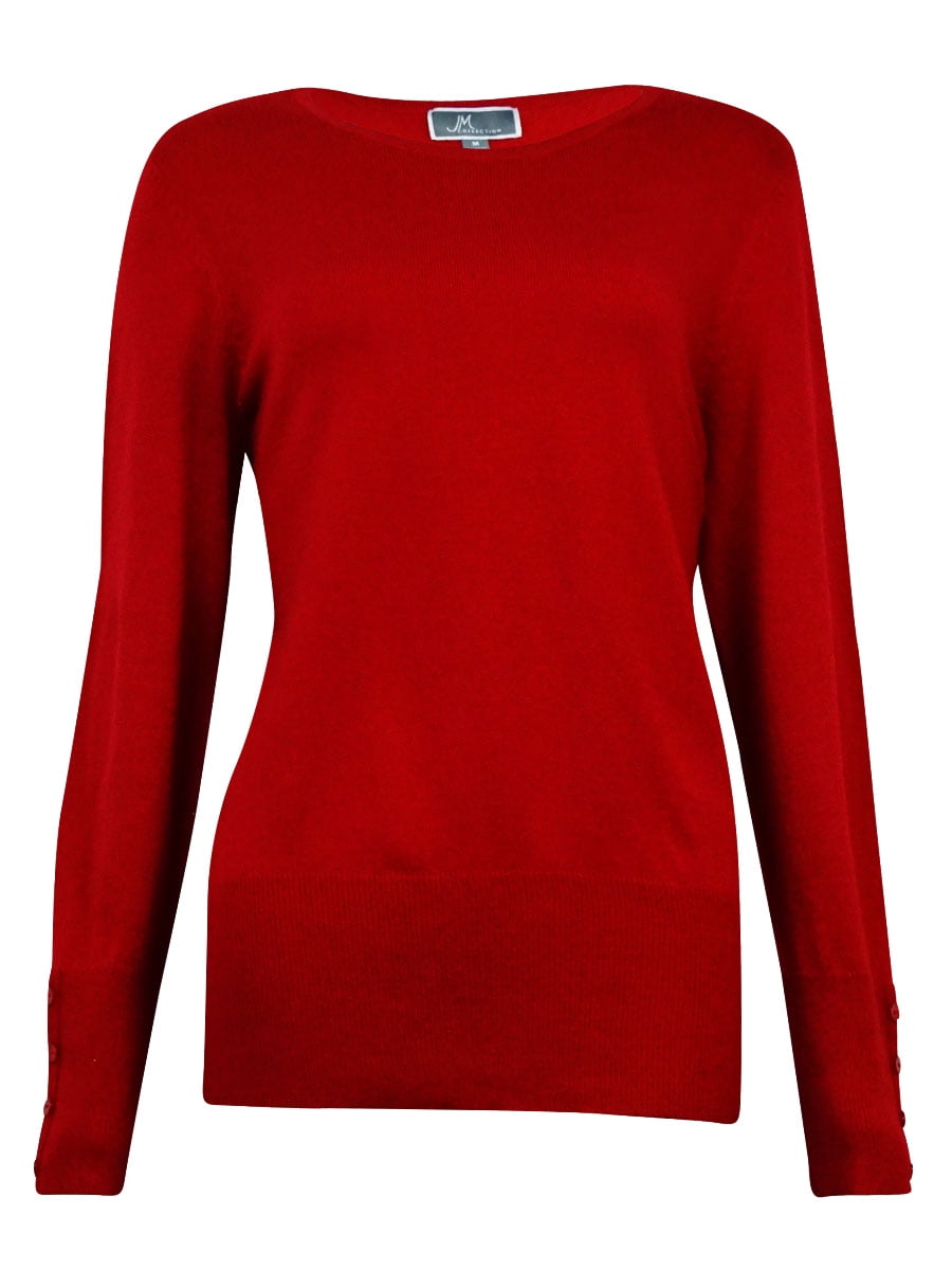JM Collection Women's Crewneck Buttoned-Sleeves Sweater - Walmart.com