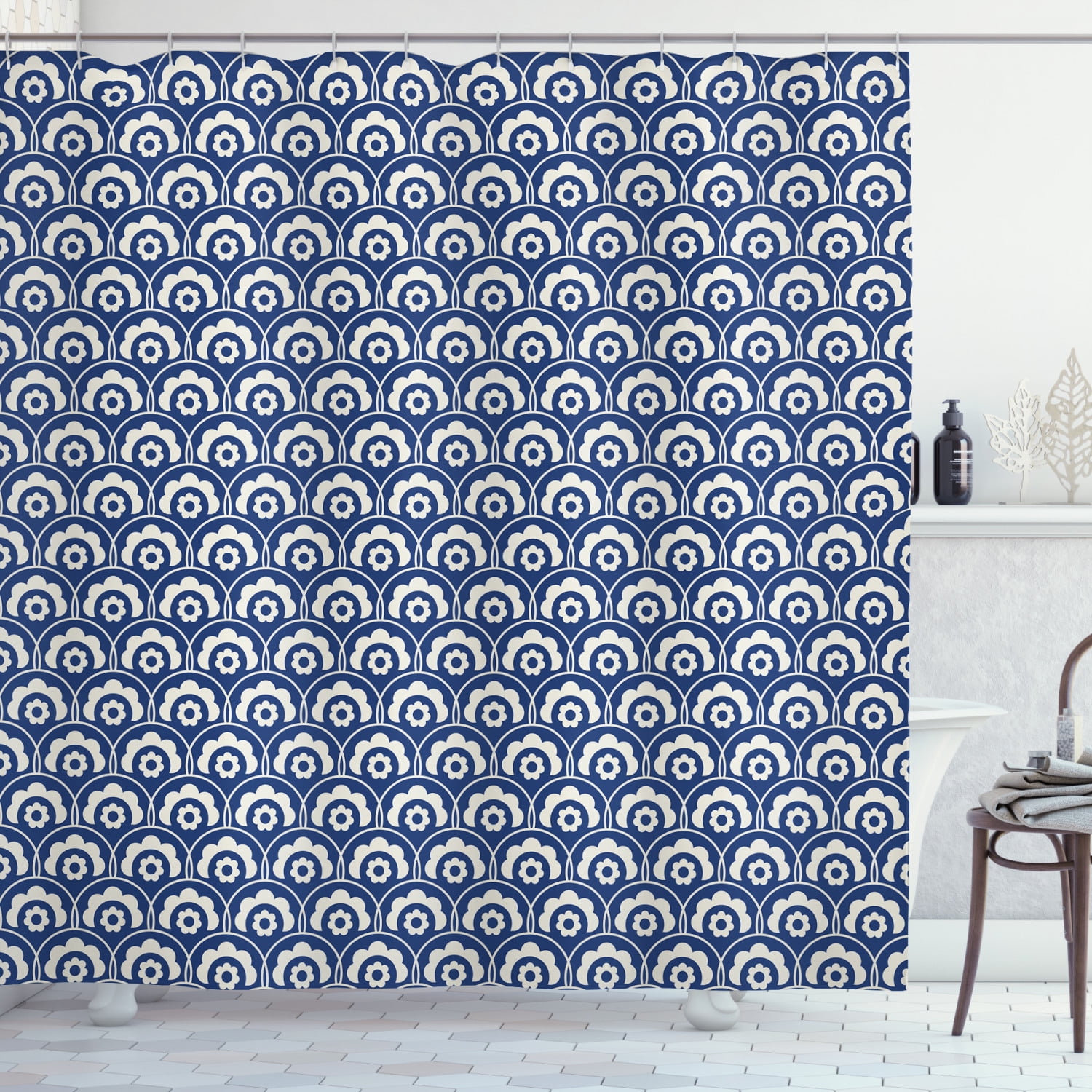 Vintage Shower Curtain, Fish Scale Style Pattern with Abstract Floral ...