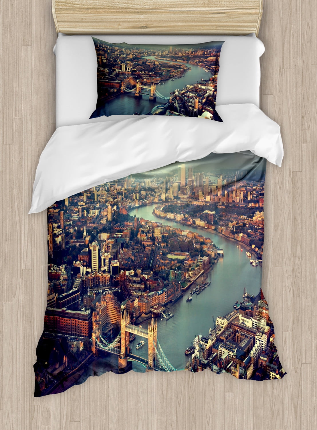 London Duvet Cover Set Twin Size, Panoramic Picture Of Thames River And ...