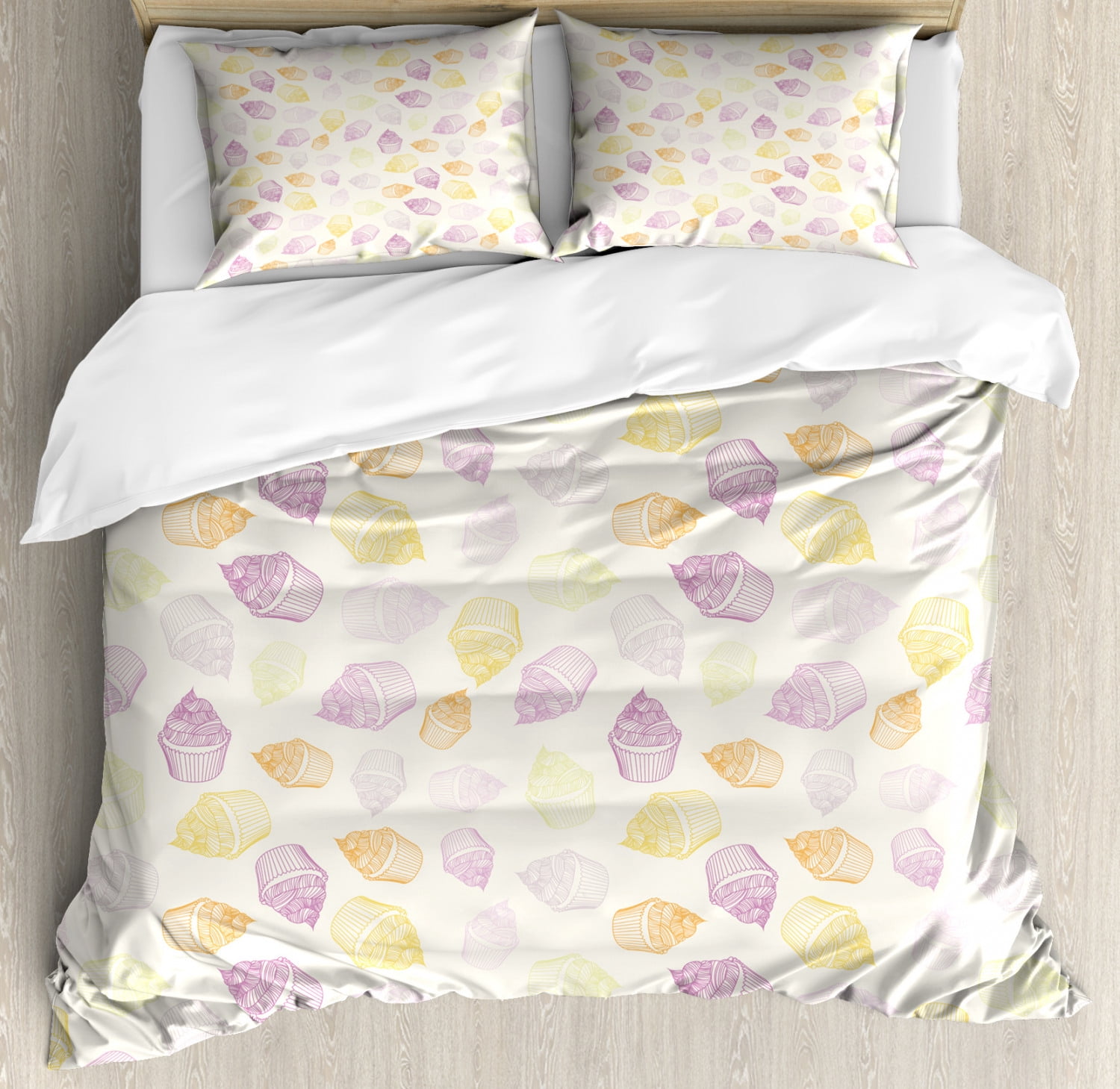 Pastel Duvet Cover Set King Size, Doodle Style Cupcakes Scattered ...