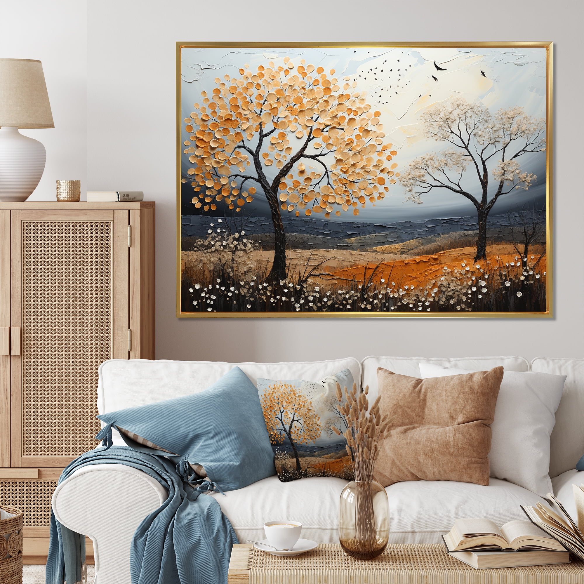 Click here for Designart Large Tree Gold Framed Wall Art  Orange... prices