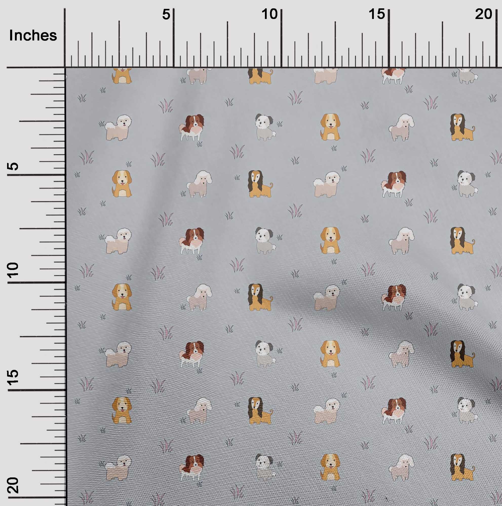 oneOone Viscose Chiffon Fabric Grass & Puppies Dog Printed Fabric 1 ...