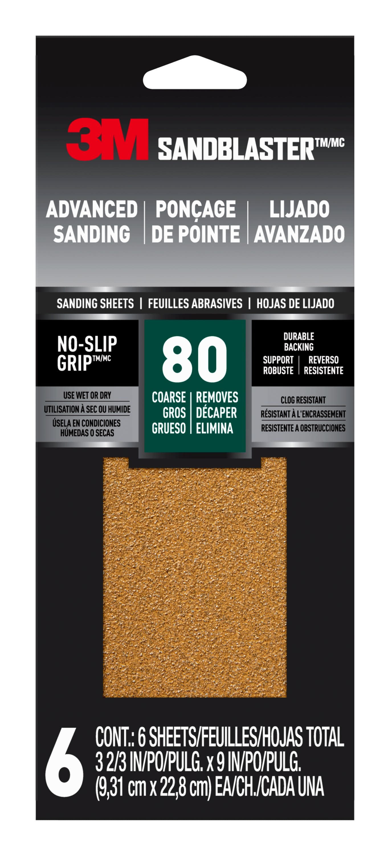 3M Sandblaster No-Slip Grip Sandpaper, Gold, 3-2/3 in x 9 in, 80 Grit ...