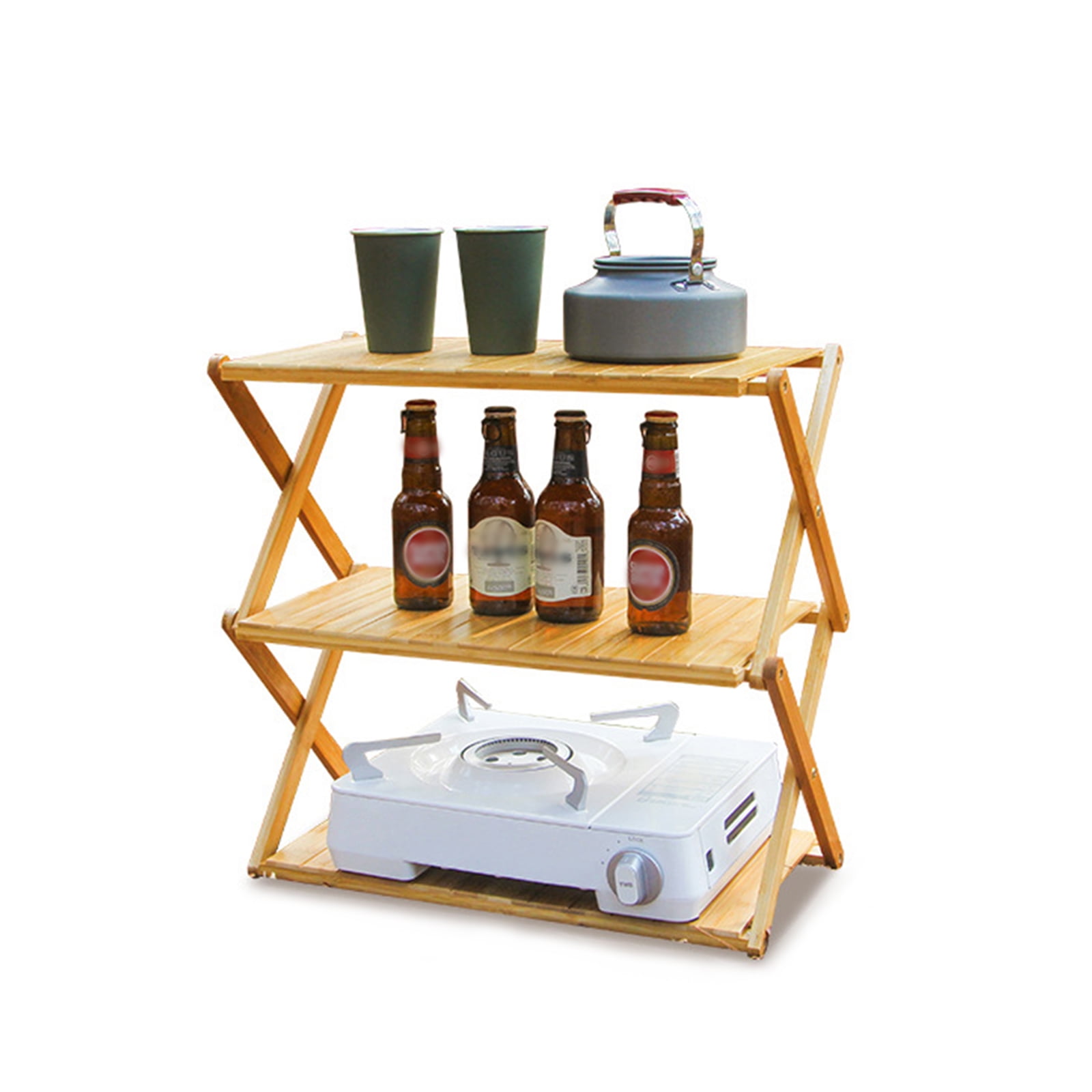 Folding Wooden Shelf Four Layers Table Storage Rack Camping Picnic Bbq ...