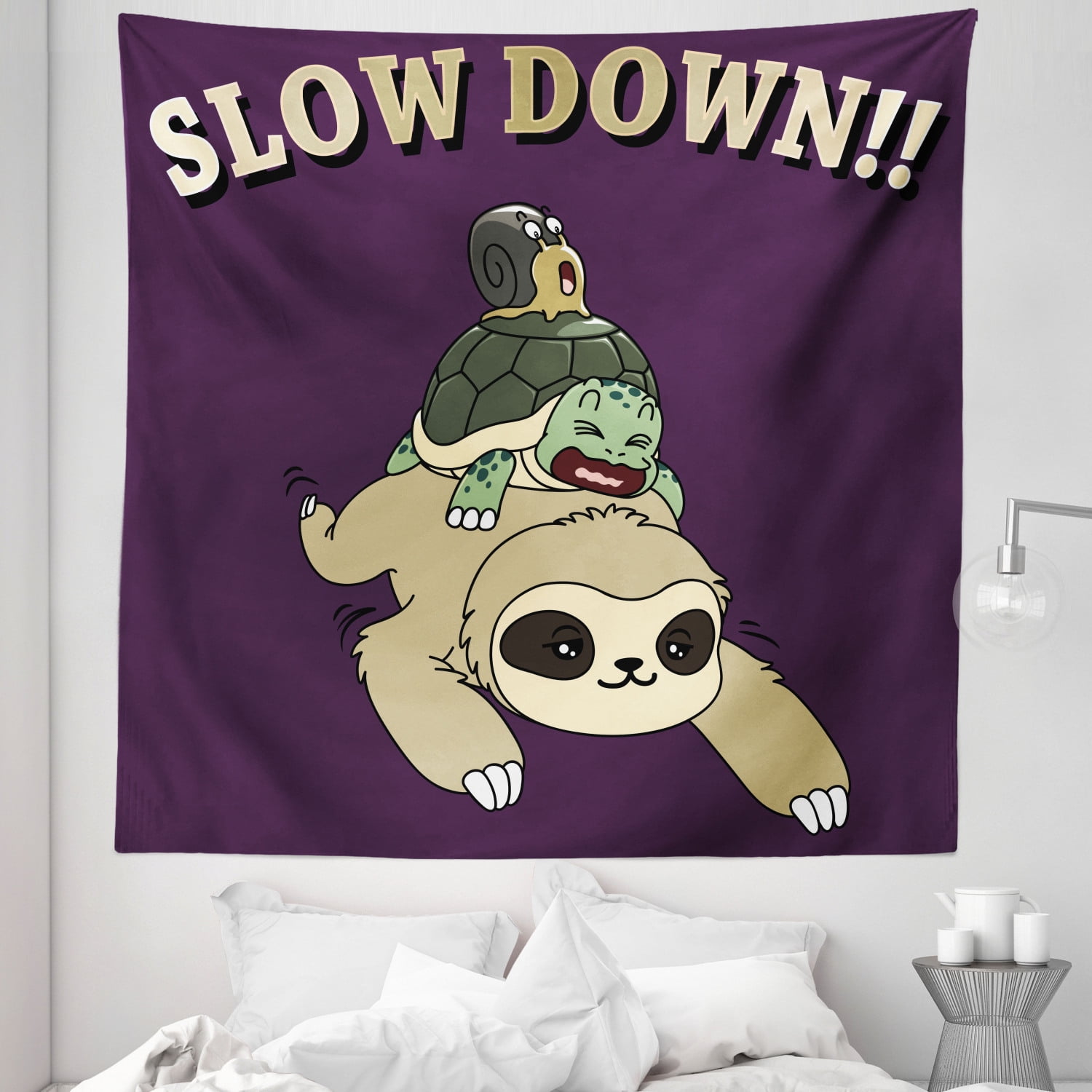 Sloth Tapestry, Funny Cartoon Scenery Animal Turtle Snail on Top of ...