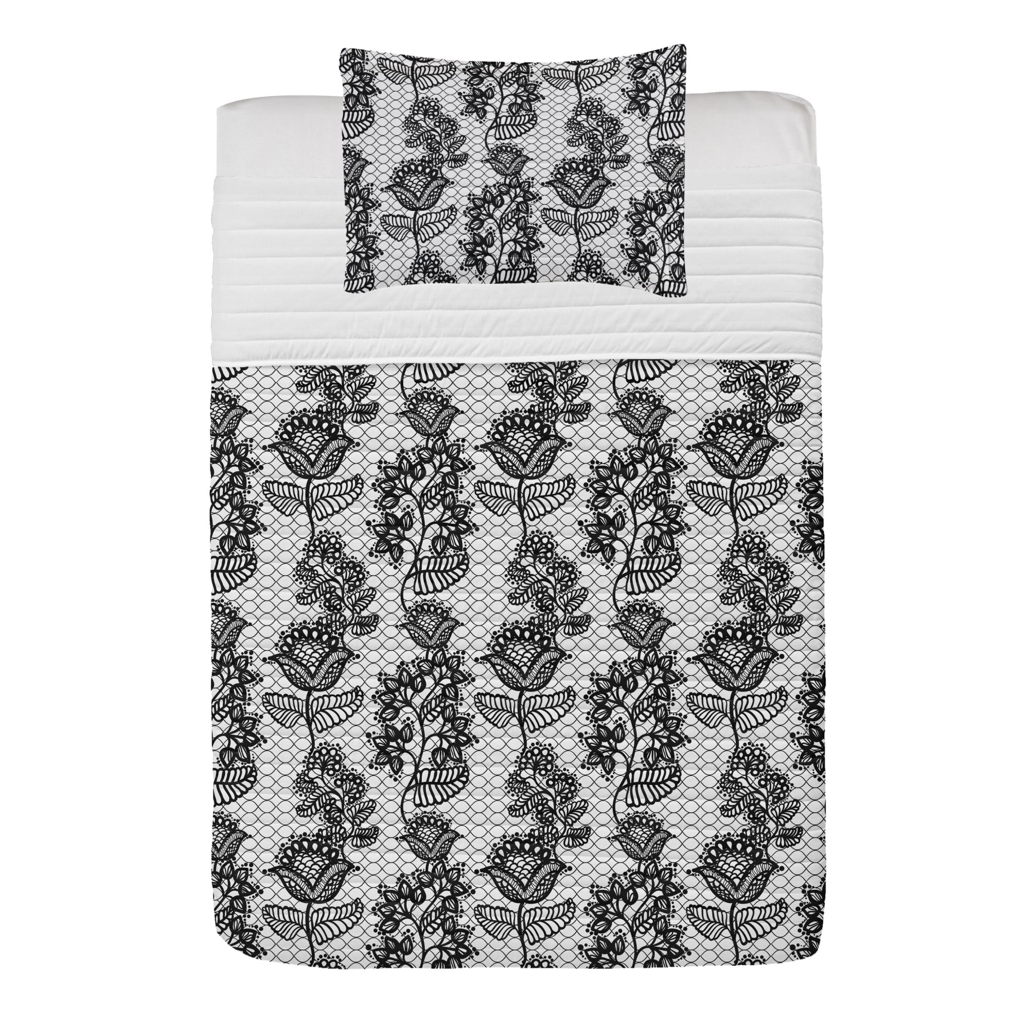 Black and White Microfiber Bedspread Set, Lace Style Victorian Flower ...