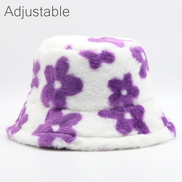 Cow Leopard Faux Fur Fluffy Bucket Hats Women Outdoor Warm Sun Hat Soft ...