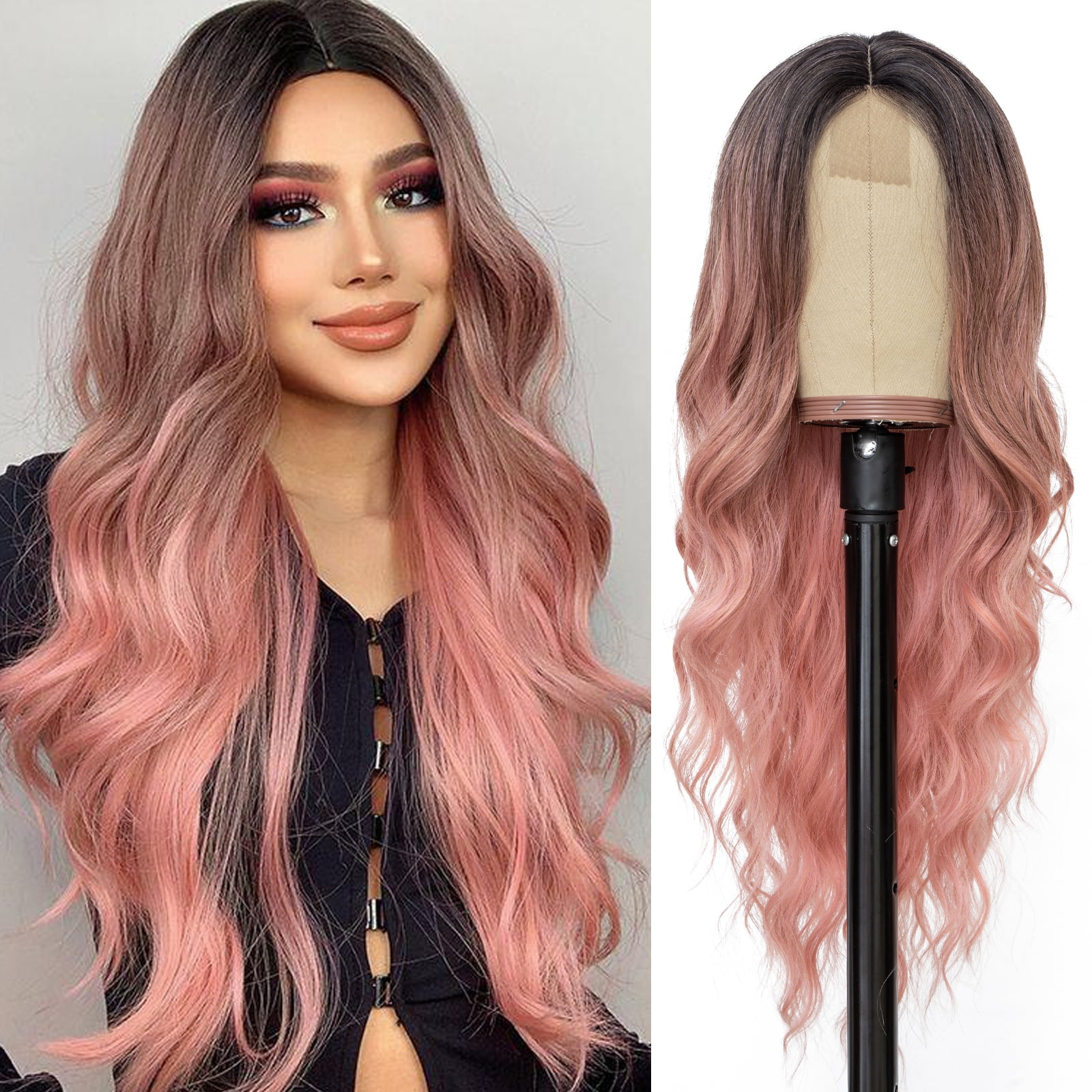 MORICA Cosplay Wig 26 Inch Ombre Pink Long Wavy Wig Natural Looking ...