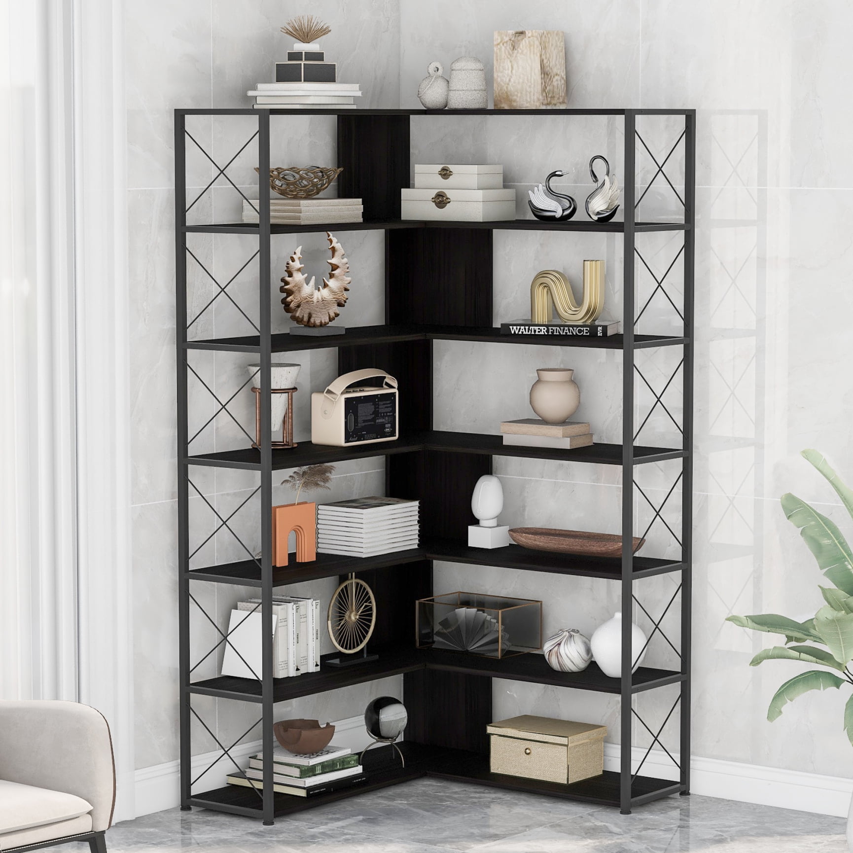 7-Tier Bookcase, L-Shaped Corner Bookcase, Tall Bookshelf with Metal ...