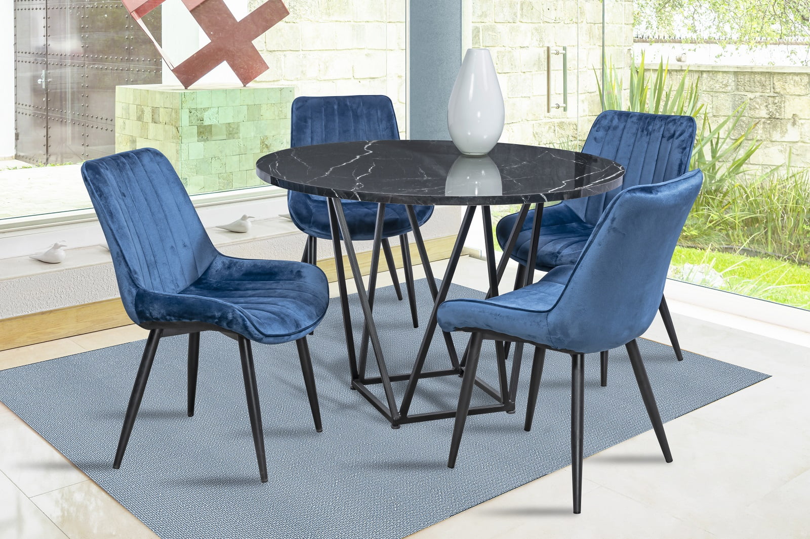 Comedor Java Azul 4 Sillas Redondo Tubular y Formica Marmoleada ...