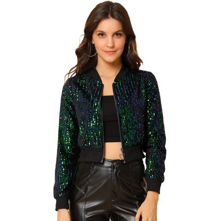Allegra K Women's Sequin Sparkle Zipper Cropped Bomber Jacket | Walmart Canada