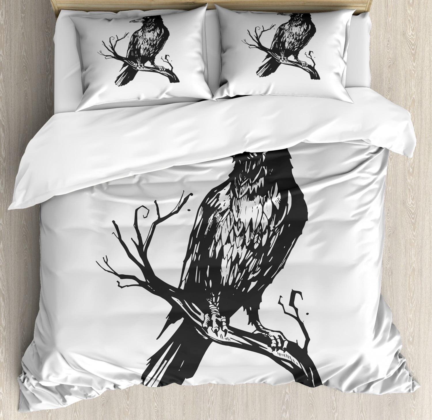 Black Crow Duvet Cover Set Queen Size, Monochromatic Design of Bird on ...
