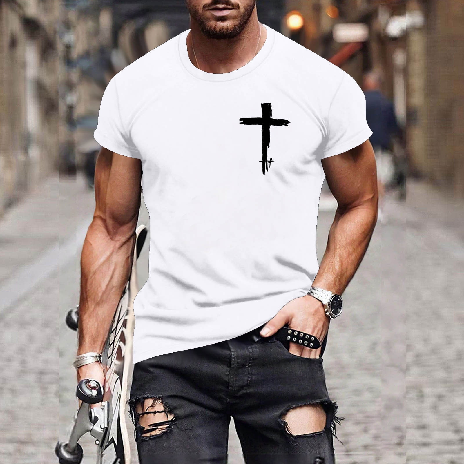 Click here for Kalauyu Mens Cross Print Short Sleeve T Shirt Crew... prices
