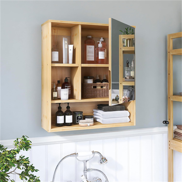 LUVODI Bathroom Mirror Cabinet Medicine Cabinet Wall Mounted Cupboard 1 Door Right Open Bamboo Frame